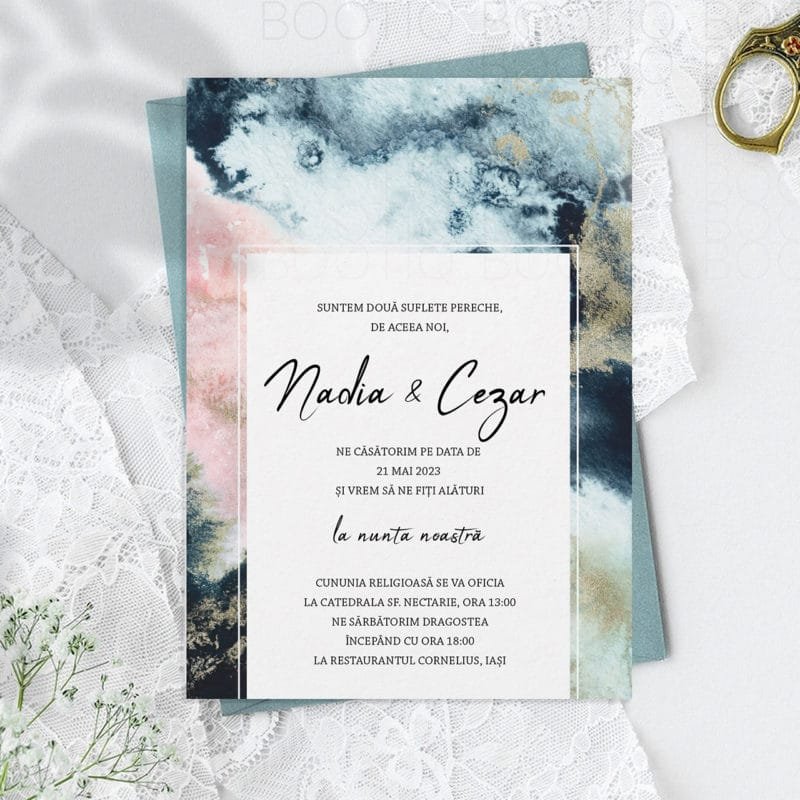 Invitatie de Nunta Handmade Navy blue flowers - Meniu Nunta, Placecard ...